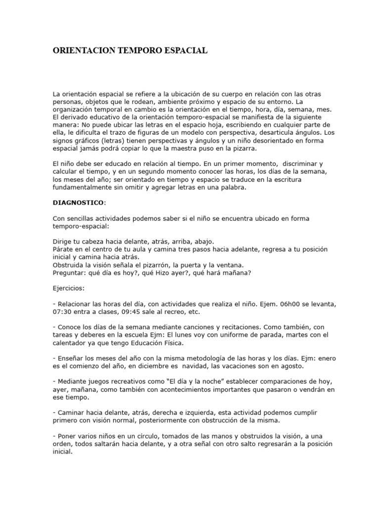 Orientación Temporo-Espacial Infantil | PDF