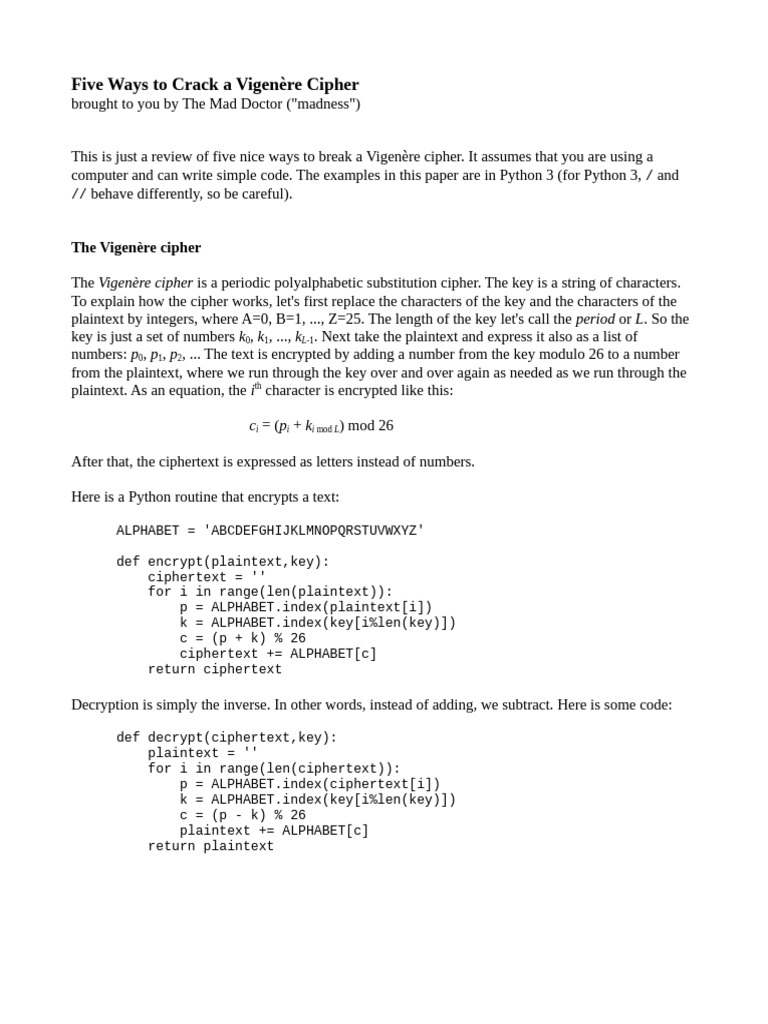 Five Ways To Crack A Vigenere Cipher | PDF | Secrecy | Cyberwarfare Five Ways To Crack A Vigenere Cipher | PDF | Secrecy | Cyberwarfare