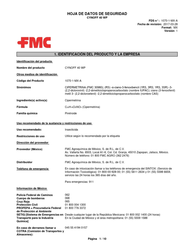 Hoja de Seguridad de Cynoff 40 WP | PDF | Agua | Pesticida