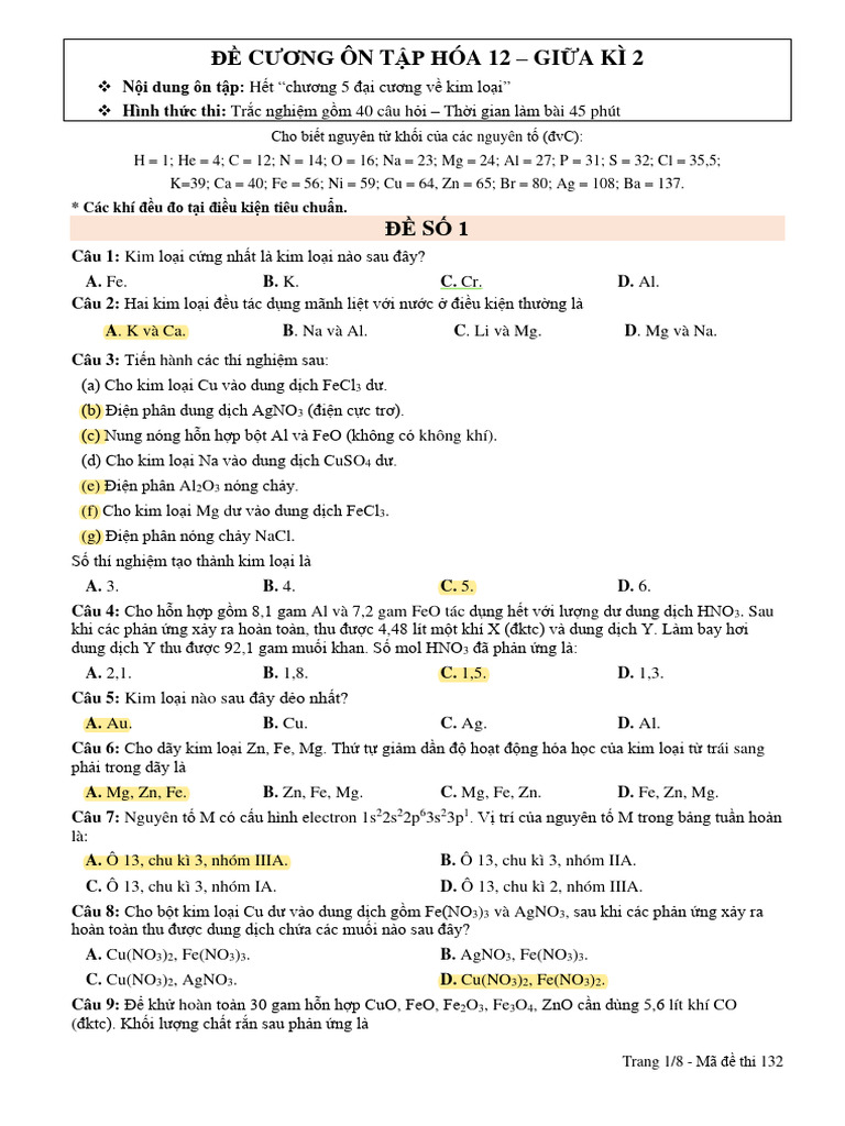 ĐÊ CƯƠNG ÔN TẬP GK2 2023 2024 HÓA 12 | PDF
