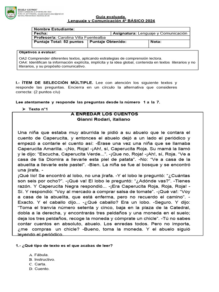 Guia 2 Evaluada Cuarto 2024 | PDF | Caperucita Roja