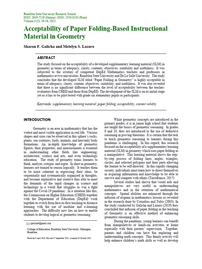 Acceptability of Paper Folding in Geometry | PDF | Learning | Mathematics