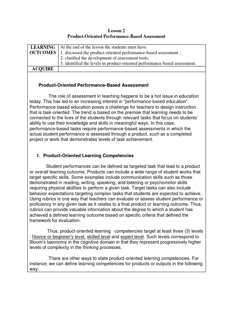 Product-Oriented Performance Based Assessment | PDF | Educational Assessment | Rubric (Academic)