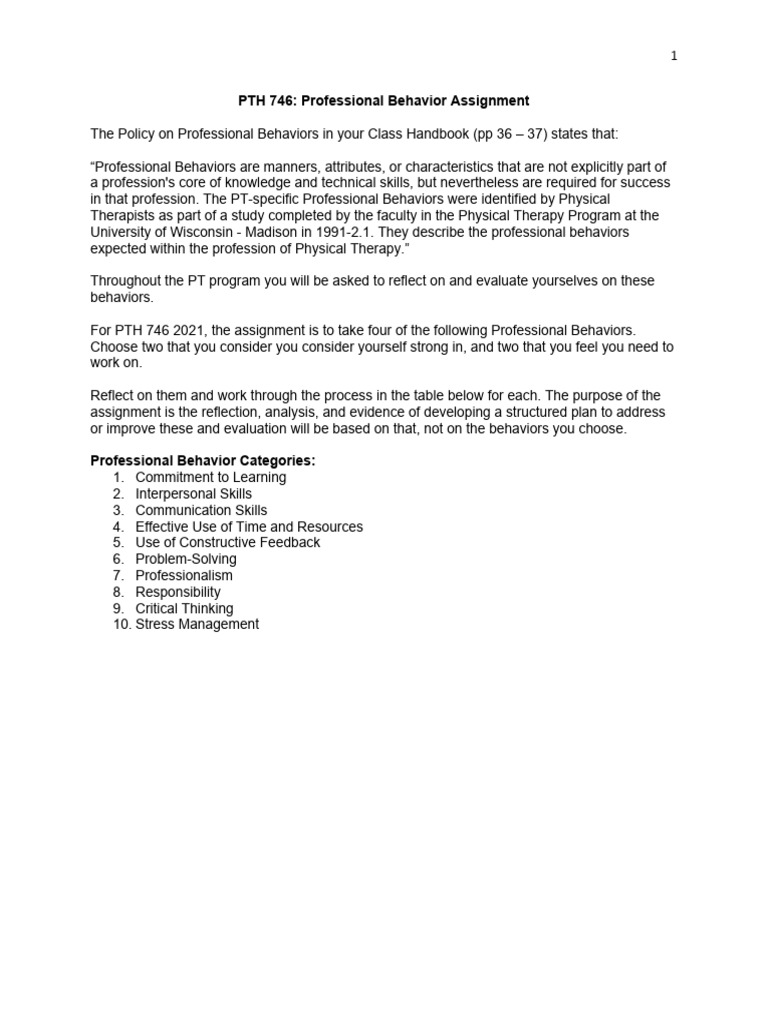 professional behaviors assignment | PDF | Psychotherapy | Physical Therapy