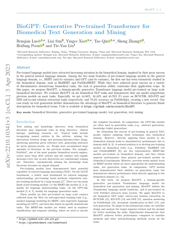 BioGPT | PDF | Computational Neuroscience | Machine Learning