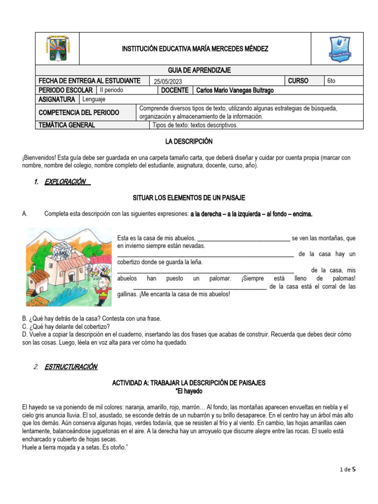 Guía de Aprendizaje: Textos Descriptivos | PDF | Artes del Lenguaje y ...