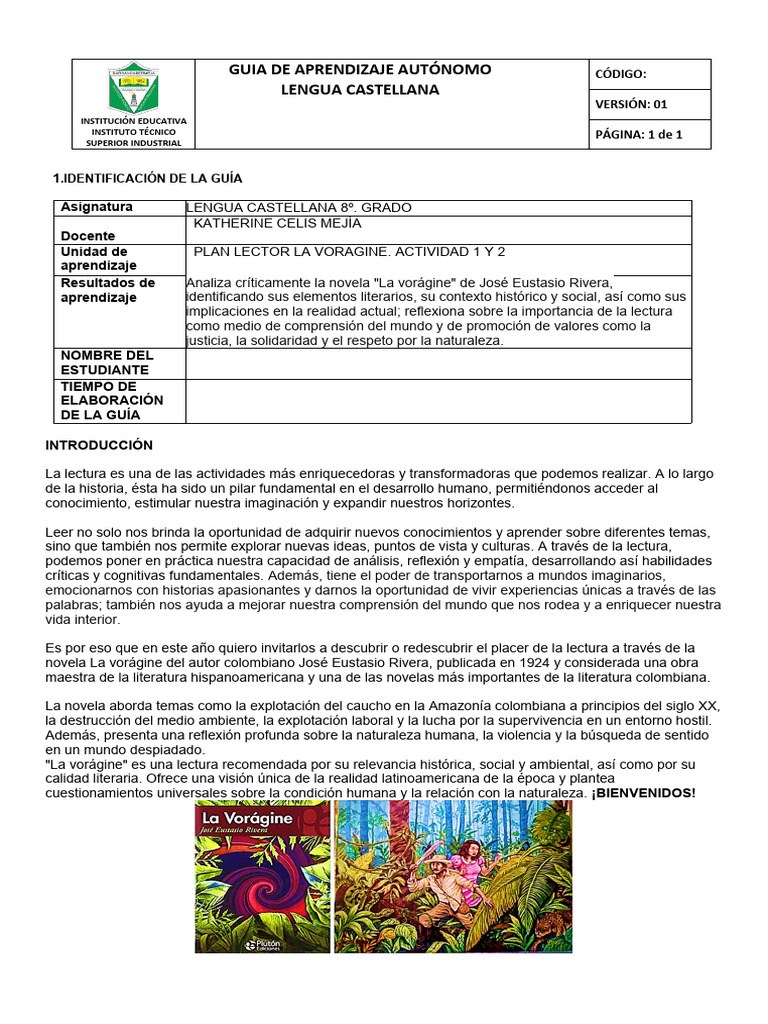 Plan Lector La Voragine. Actividad 1 y 2 1 | PDF | Aprendizaje | Novelas