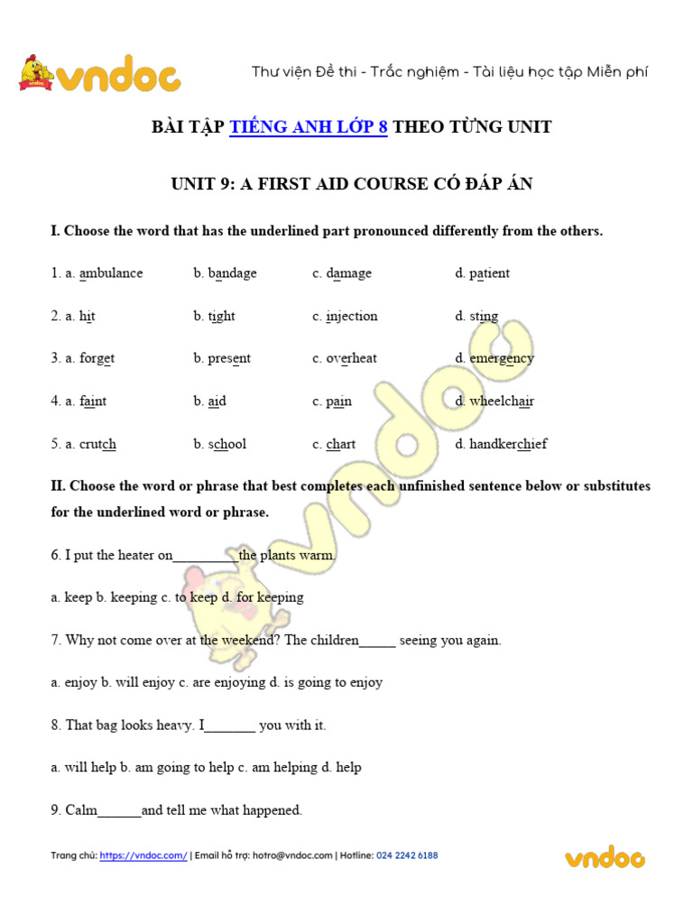 bai-tap-tieng-anh-lop-8-unit-9-a-first-aid-course-co-dap-an-so-1 | PDF