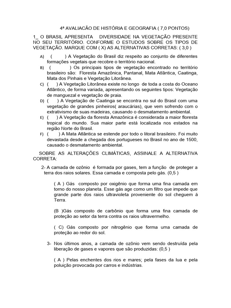 4 Avaliacão de História e Geografia 5 Ano. 2 | PDF | Poluição | Geociências