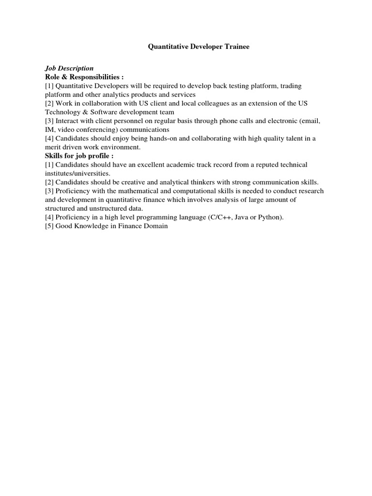 Quantitative Developer Trainee | PDF