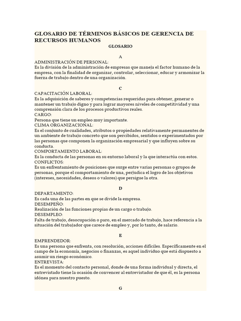 Glosario de Términos Básicos de Gerencia de Recursos Humanos | PDF | Gestión de recursos humanos ...