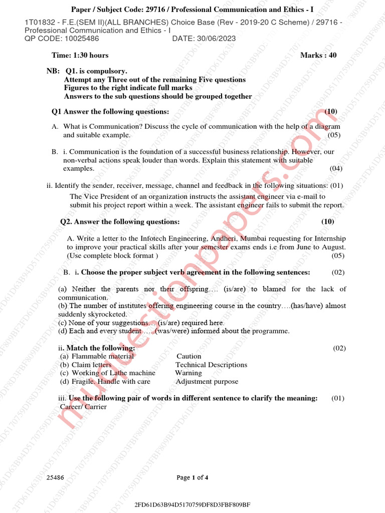 Be First Year Engineering Semester 2 2023 May Professional Communication and Ethics I Rev 2019c ...