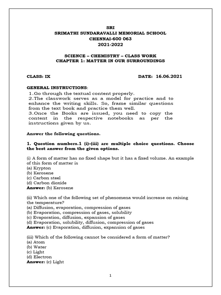 Class 9 Chemistry Cw 1 1 Pdf Gases Liquids