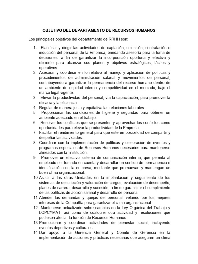Objetivos de recursos humanos elaborados | PDF | Gestión de recursos humanos | Business