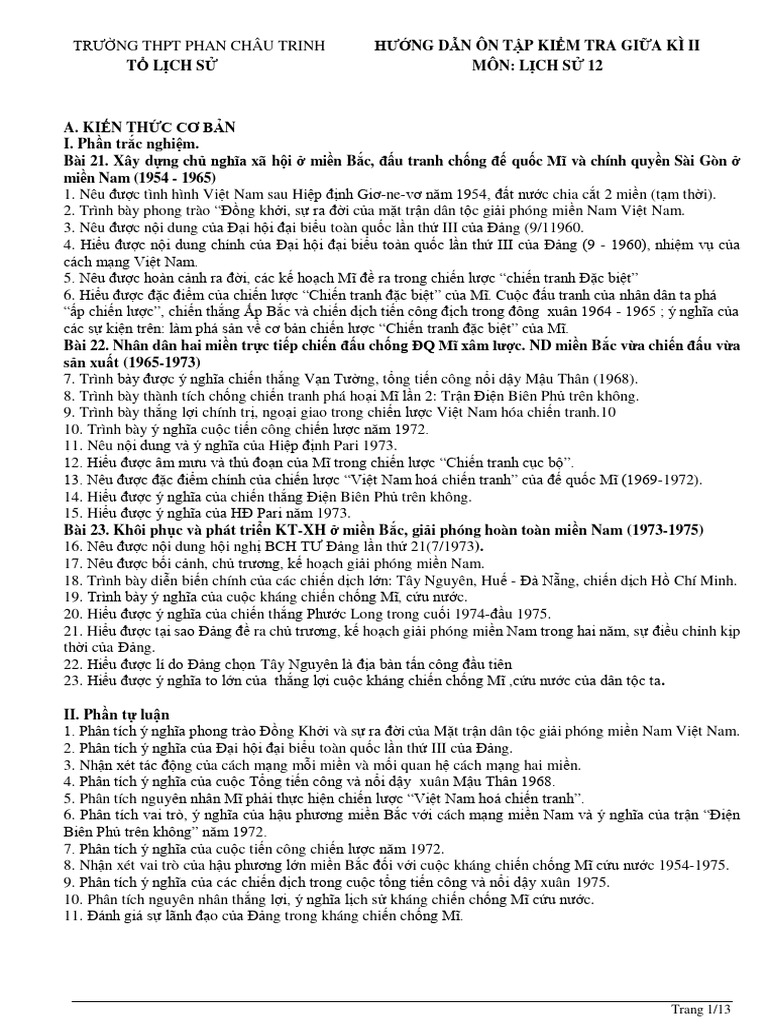 HƯỚNG DẪN ÔN TẬP KTGK II- LỊCH SỬ 12 | PDF