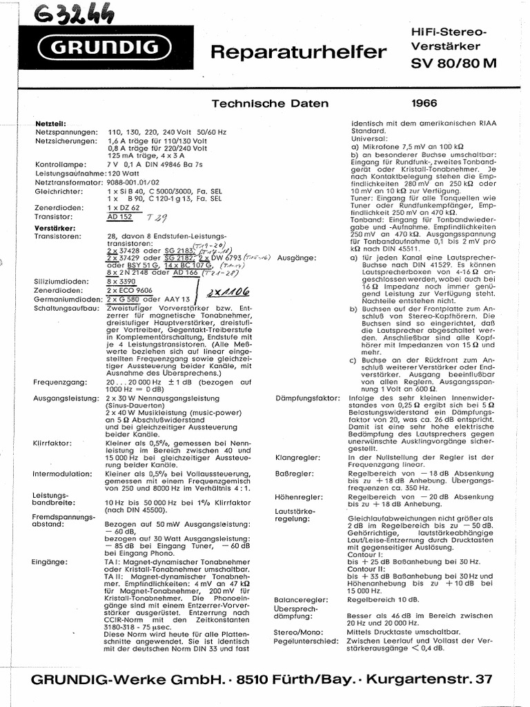 Grundig Sv80 Sv80m Stereo Hifi Amplifier | PDF