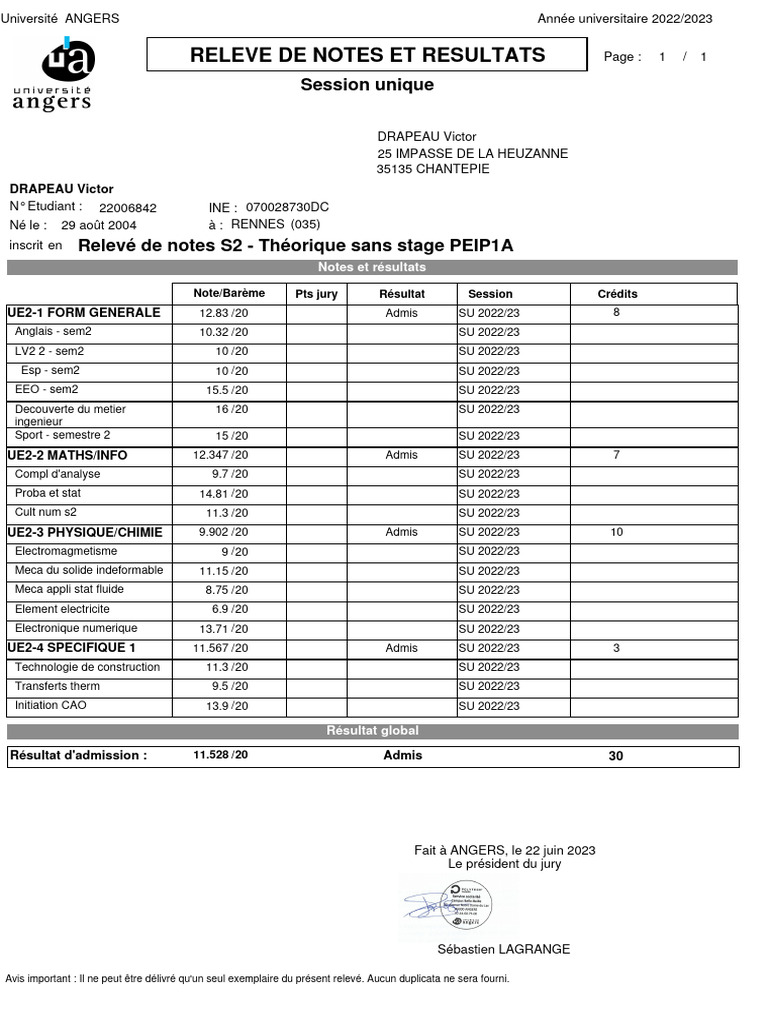 Relevé de notes S2 Université Angers | PDF