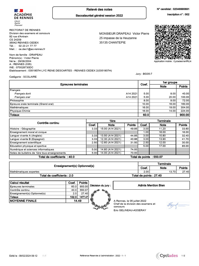 Releve de Notes Bac | PDF