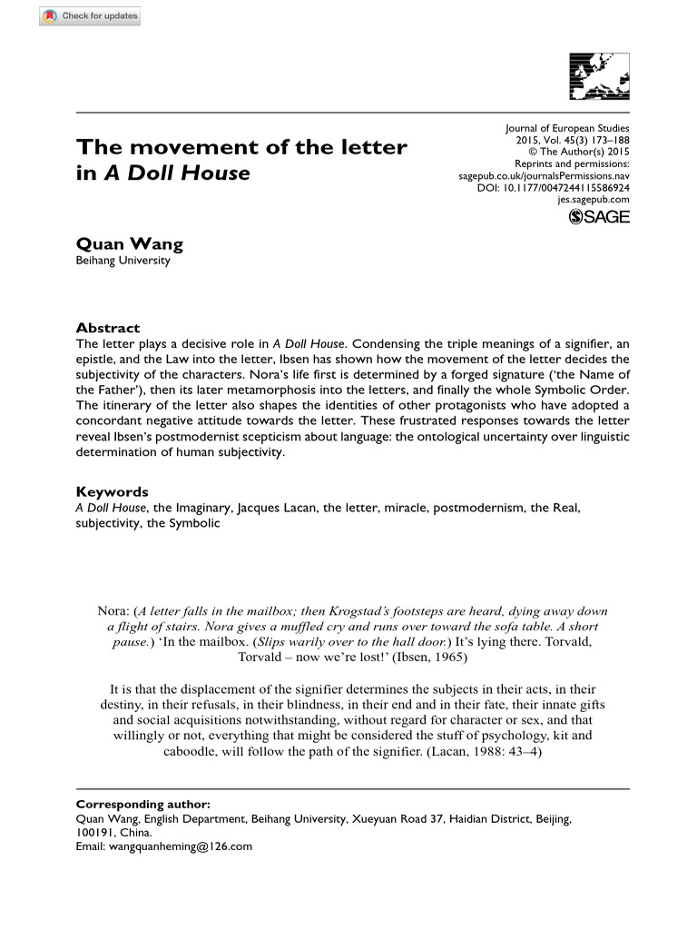 The Movement of The Letter in A Dolls House | PDF | Jacques Lacan ...