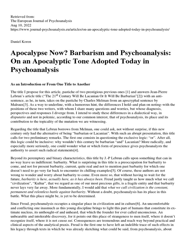 On An Apocalyptic Tone Adopted Today in Psychoanalysis | PDF | Jacques ...