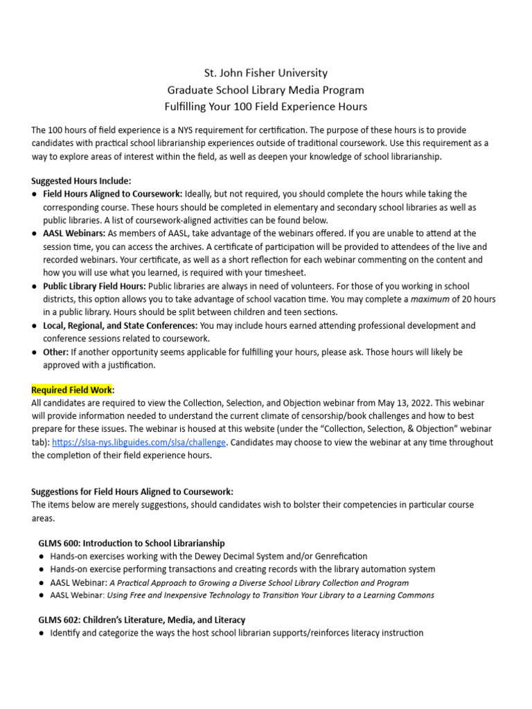 Christine Kafkalas Lopez Fieldwork Log 2023-2024 | PDF | School Library ...