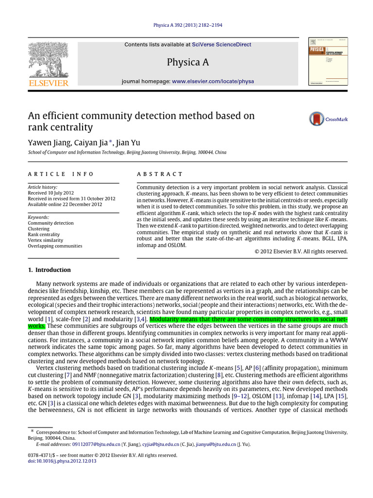 3 Kmeans An Efficient Community Detection Method Based On Rank Centrality 2012 Download Free