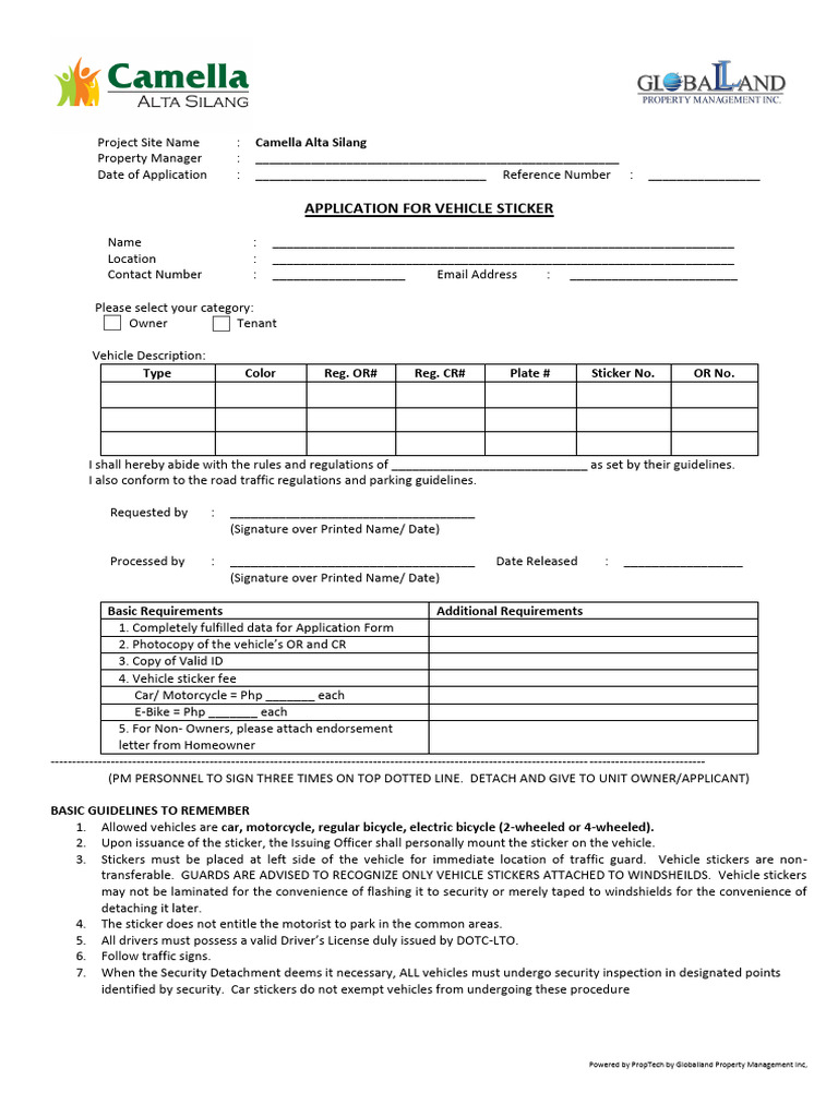 Vehicle Sticker Application Form | PDF | Driver's License | Vehicles