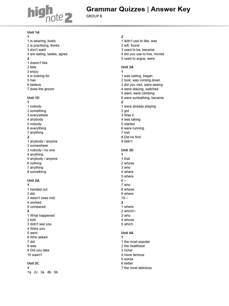 HighNote2 Grammar Quiz GroupB ANSWERS | PDF