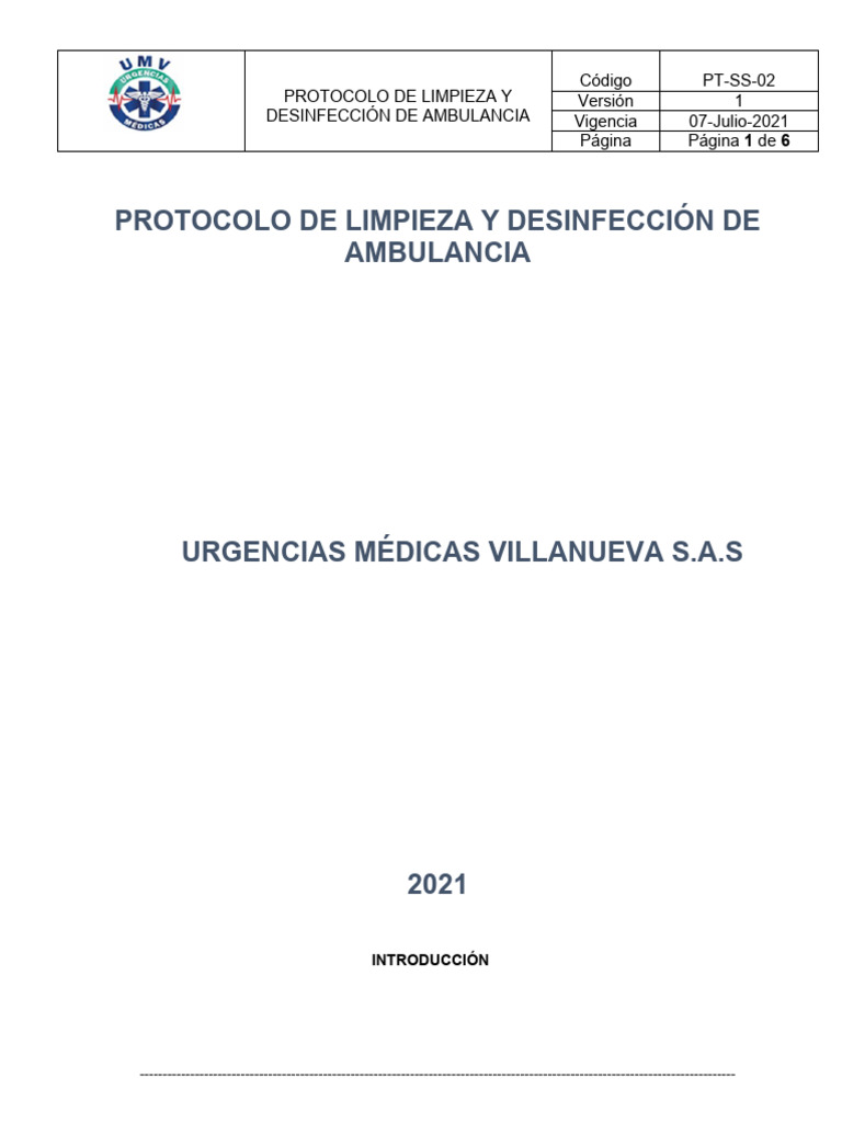 PT-SS-02 Protocolo de Limpieza Y Desinfeccion de Ambulacia | PDF | Ambulancia
