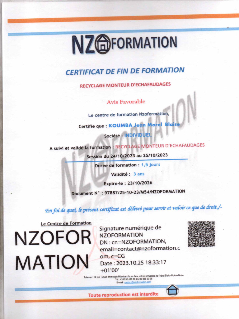 Certificat de Fin de Dormation | PDF