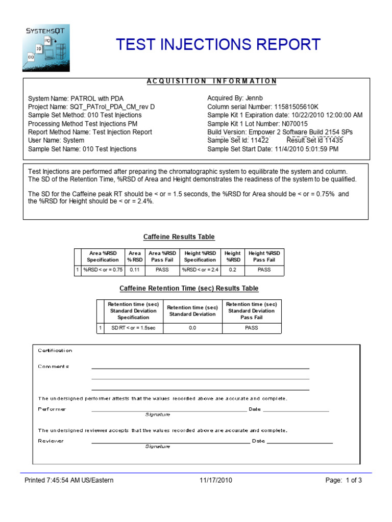 Test Injections Report | PDF | Analytical Chemistry | Chromatography