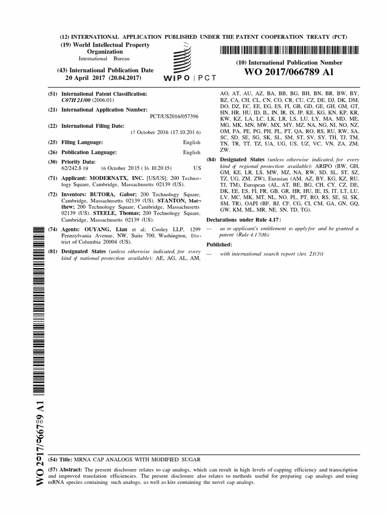 Moderna WO2017066789A1 | PDF | Messenger Rna | Nucleic Acid Sequence