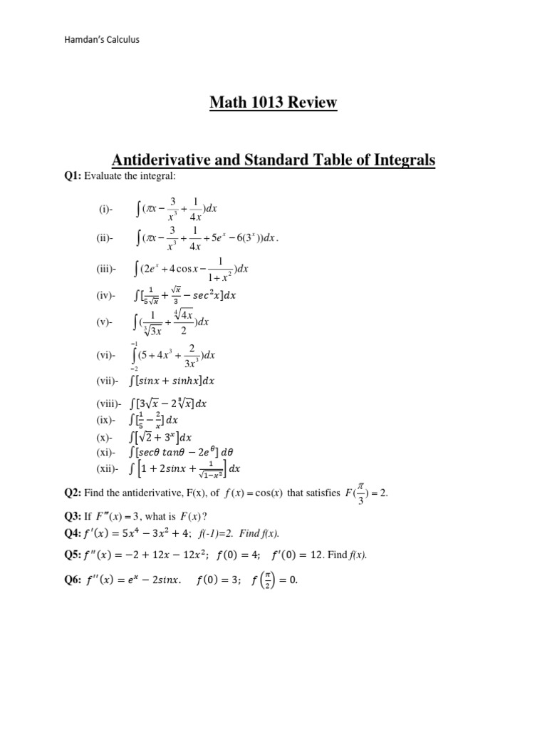 Math 1013 1b Review 2024 Pdf Integral Area