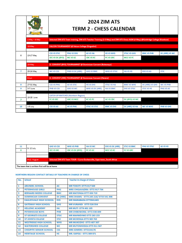 2024 ZIM ATS Chess Term 2 Calendar | PDF