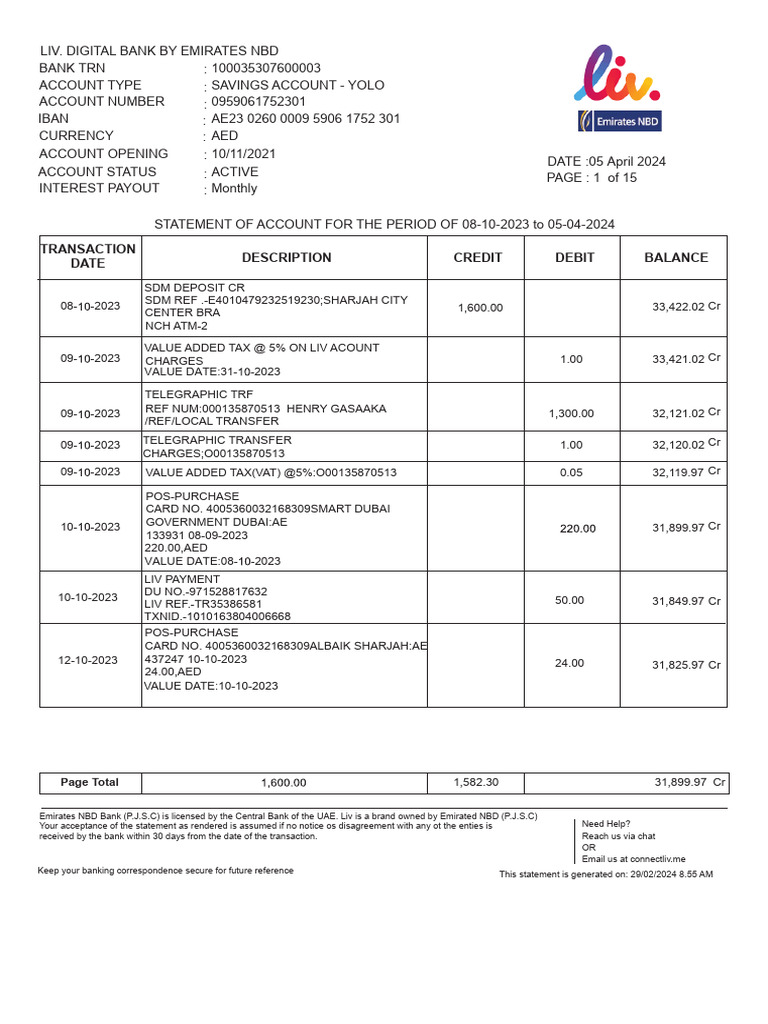 Emirates NBD Liv Account Statement | PDF | Credit Card | Banks