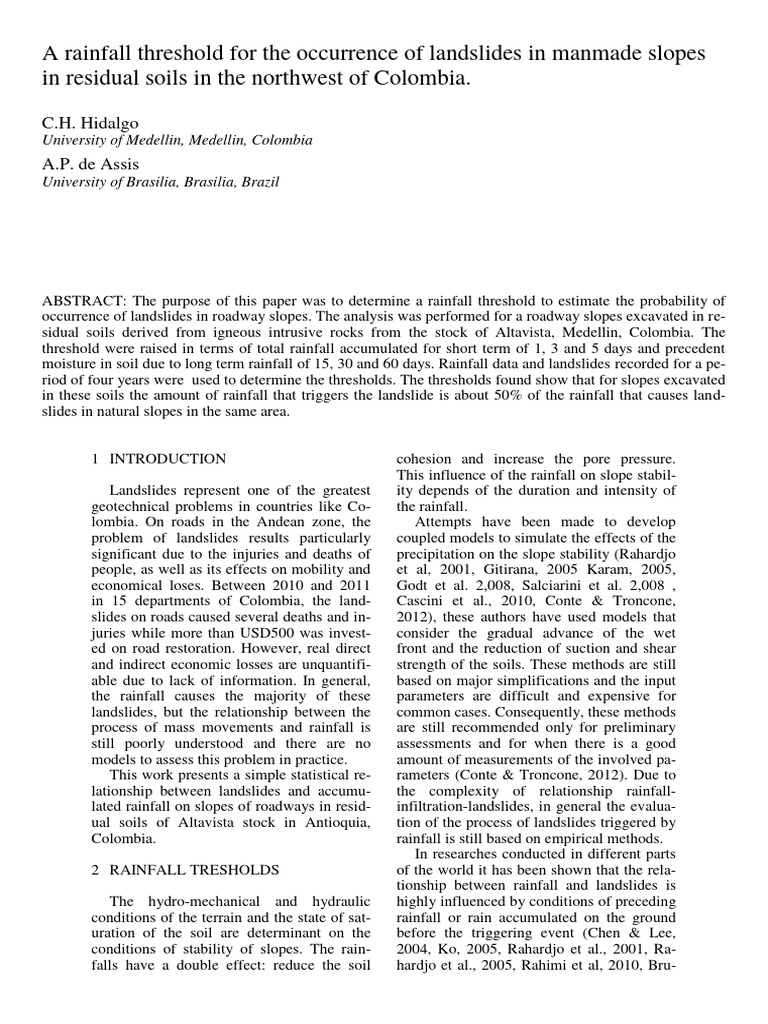 Paper UNSAT 2013 Hidalgo & Assis | PDF | Landslide | Precipitation