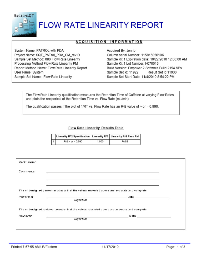 Flow Rate Linearity Report | PDF