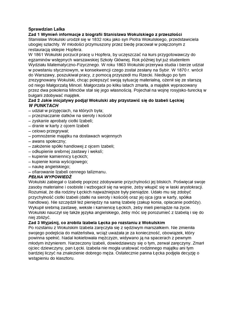 Sprawdzian Lalka | PDF