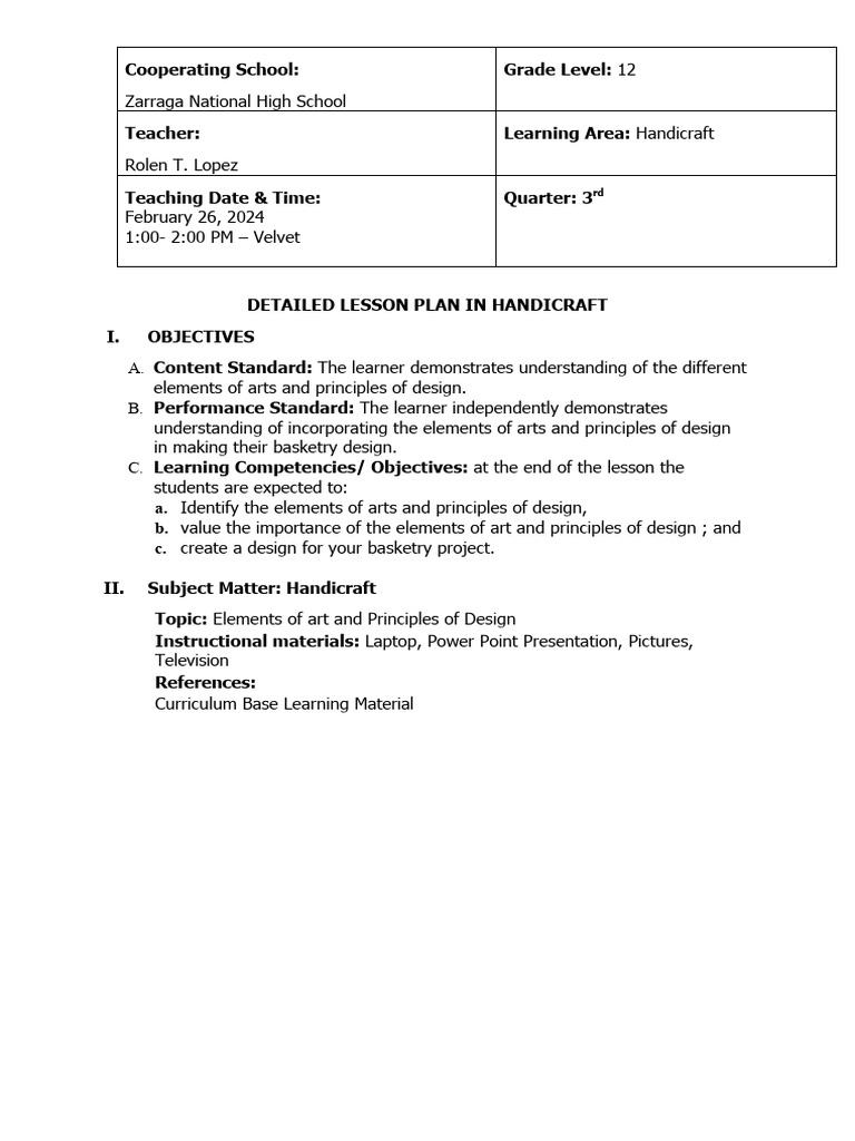 Lesson Plan #4 - Handicraft | Download Free PDF | Cognition