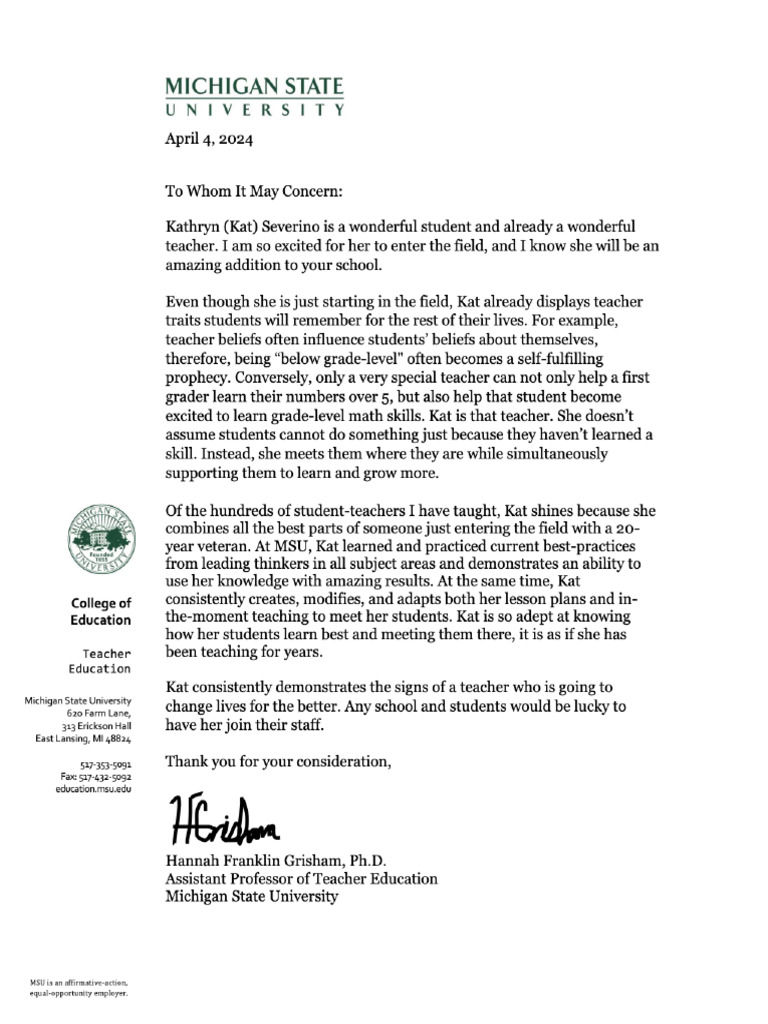 Grisham Hannah Letter of Rec | PDF