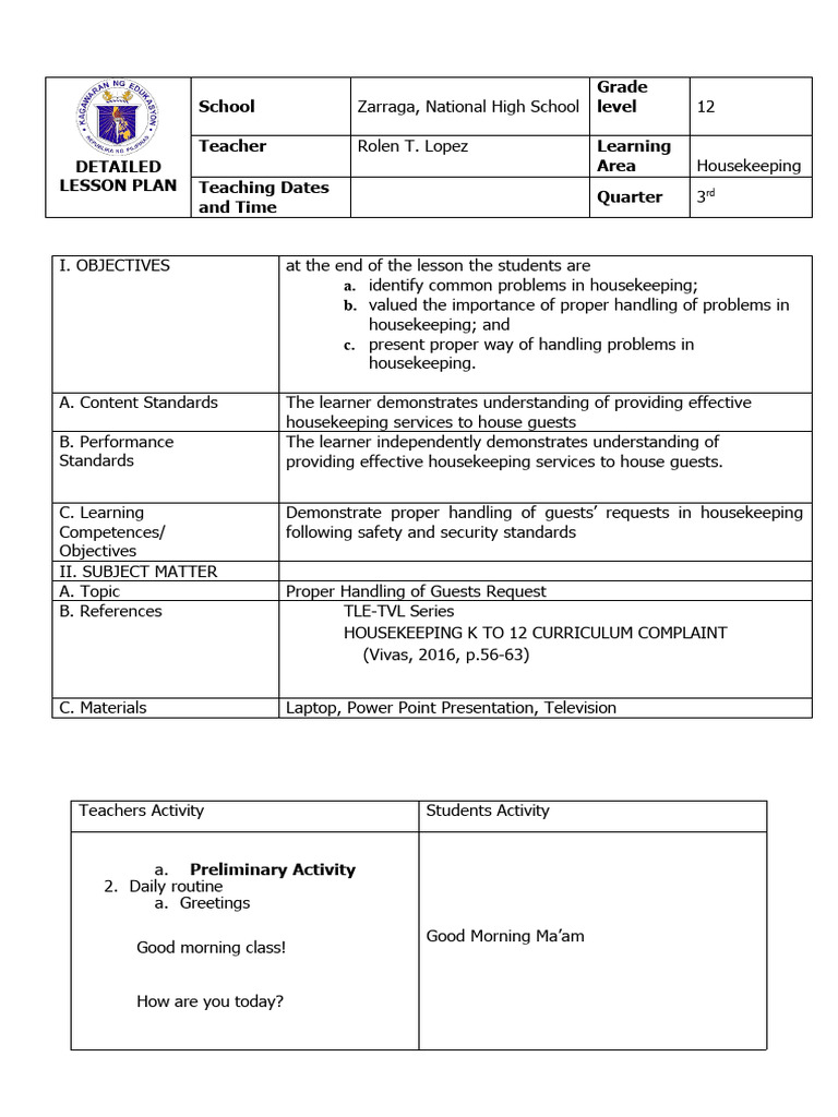 Housekeeping Problem Solving Lesson | PDF | Mediation | Lesson Plan