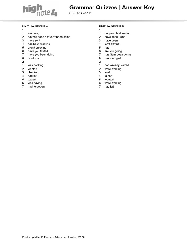 Grammar Quiz Answer Key | PDF