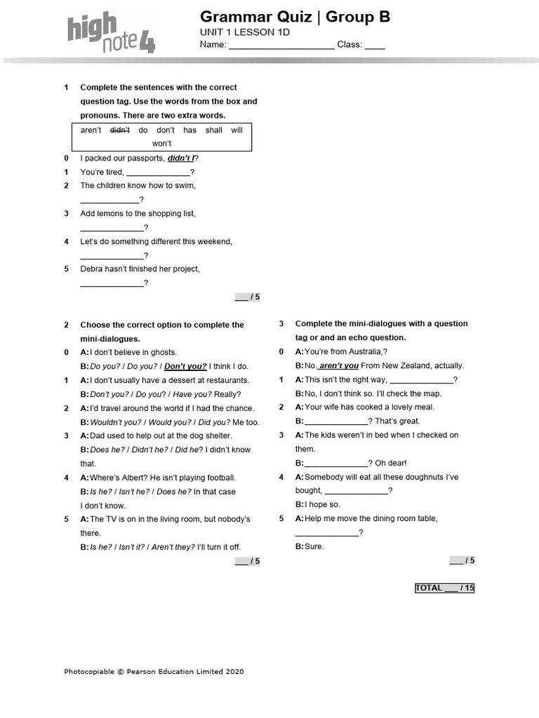HighNote4 Grammar Quiz Unit01D GroupB | PDF | Syntax | Grammar