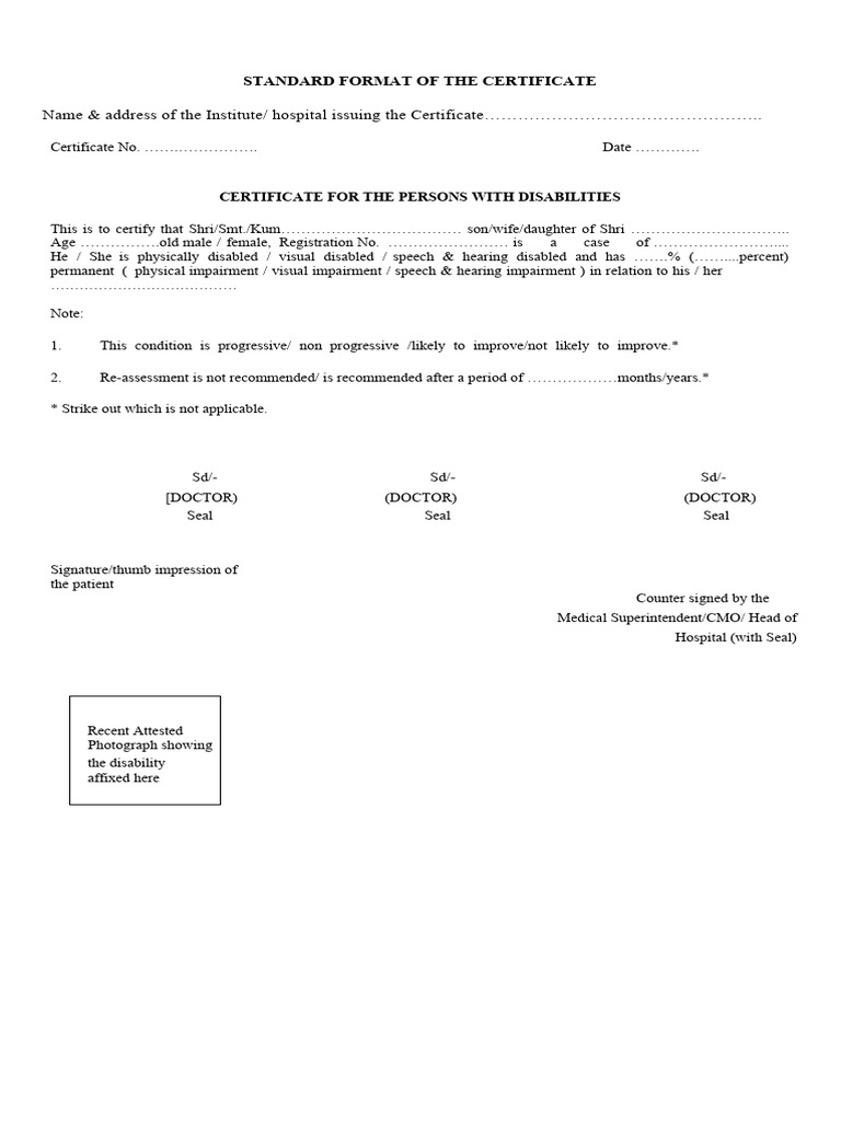 Disability Certificate Standard Format | PDF