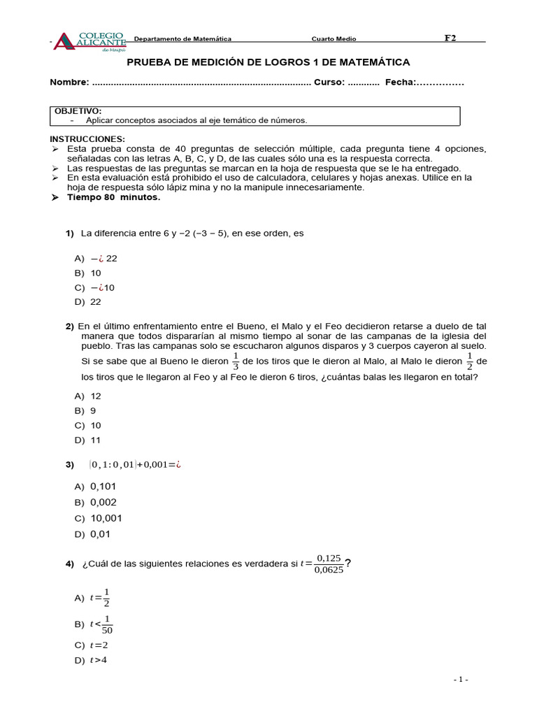 Prueba Matemática 4° Medio: Números | PDF | Entero | Teoría de los números