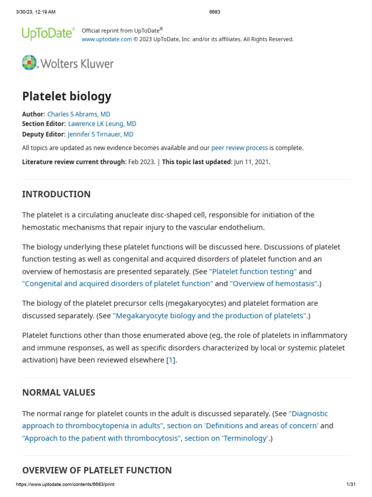 Platelet Biology (Uptodate) | PDF | Platelet | Coagulation