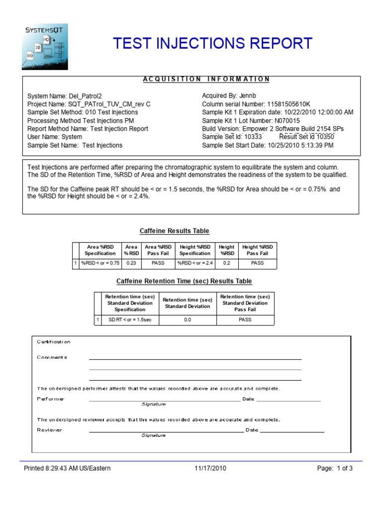 Test Injections Report | PDF | Analytical Chemistry | Chromatography