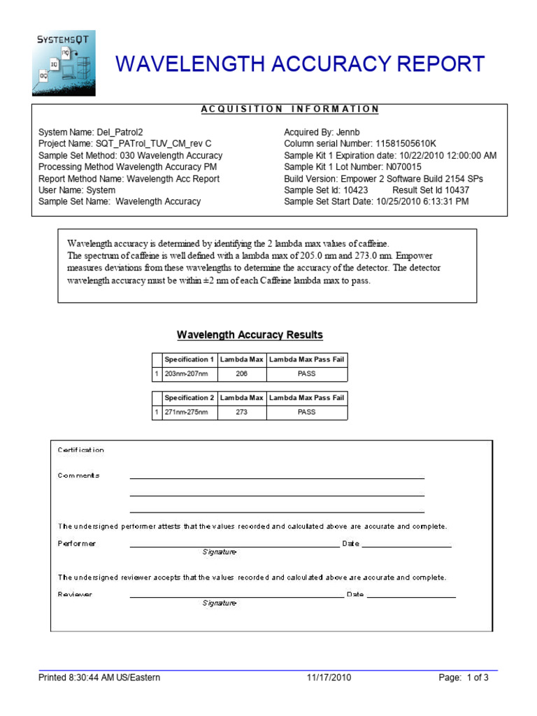 Wavelength Accuracy Report | PDF | Ultraviolet–Visible Spectroscopy ...