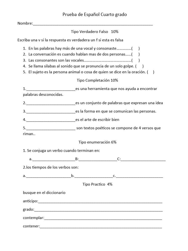 Prueba de Español 4° Grado | PDF