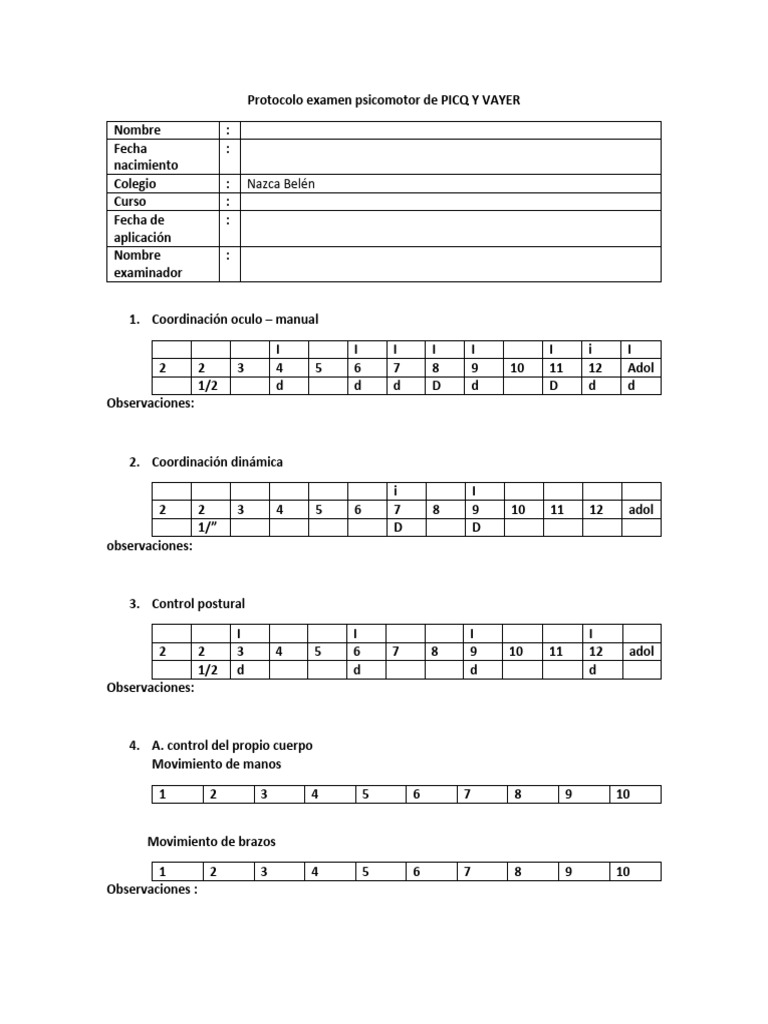 Protocolo examen psicomotor de PICQ Y VAYER | PDF